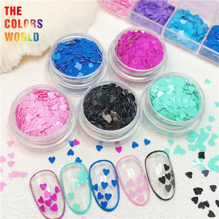 TCT-215 Solvent Resistant Matte Colors Heart Shape 3MM Nail Glitter Na ...